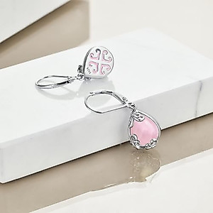 POPLYKE Rose Quartz Filigree Teardrop Drop Dangle Earrings Sterling Silver Pink Crystal Leverback Earrings Jewelry for Women