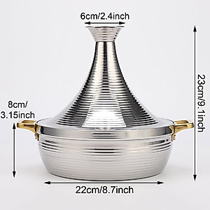 Hgjgwqh 304 Stainless Steel Moroccan Tagine Pot, Non Stick Slow Cooker Seafood Tajine with Gold Handles, Large Moroccan Cooker Handmade Cooking Pot with Cone-Shaped Lid,Silver,8.7″