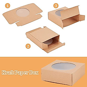 BENECREAT 24 Packs Brown Kraft Square Paper Boxes Gift Wrapping Box with Round Clear Window 3x3x1.2 for Homemade Soap, Wedding Party Favor, Festival Gift Packaging
