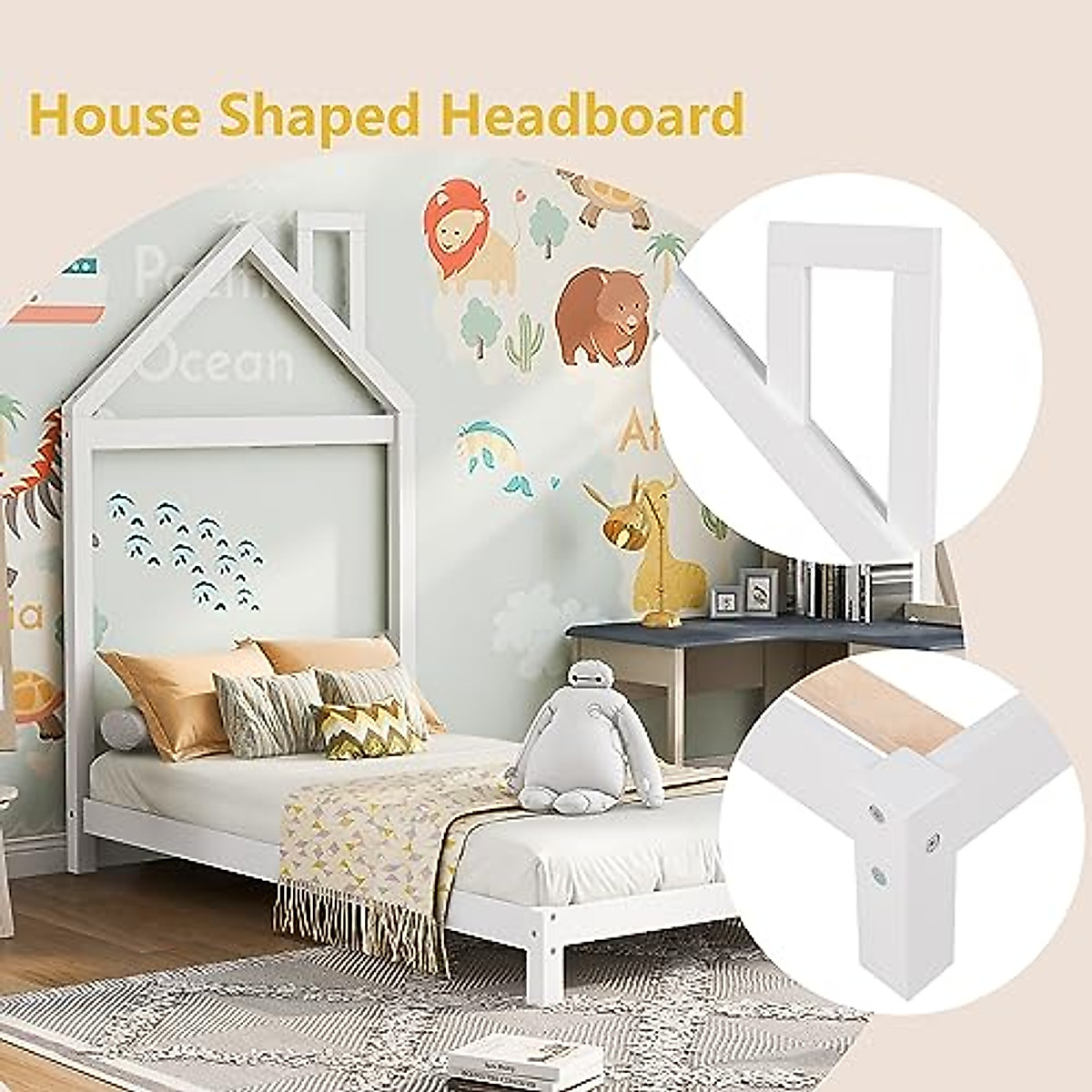 Twin Bed Frame/Kids Bed Frames with Headboard and Slats, Wood Platform Bed with House Shaped Headboard, Twin Size Bed for Kids, Boys, Girls, No Box Spring Needed(White)
