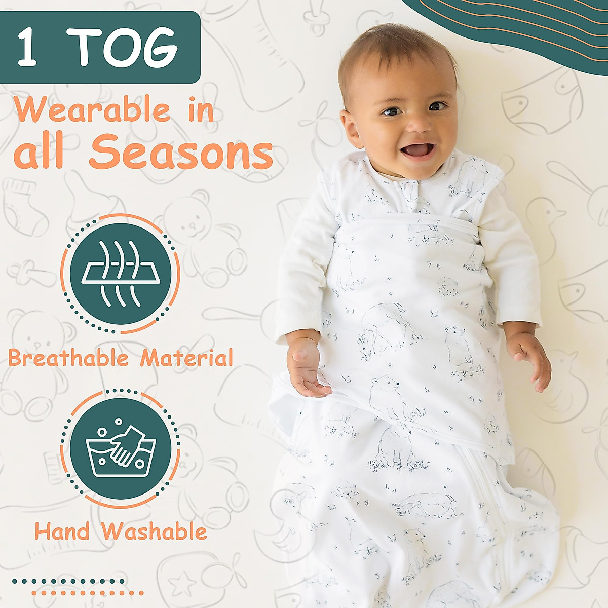 Bird + Bear Kids 1.0 TOG Baby Swaddle Sack with 2 Way Zippers & Velcro - Baby Swaddle 3-6 Months – 100% Organic Cotton for Your Newborns - Woodland Animals