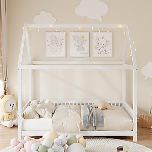 Merax Full Size House Bed for Kids, Wood Platform Bedframe with Light and Guardrail for Teens Girls Boys, No Box Spring Needed, White