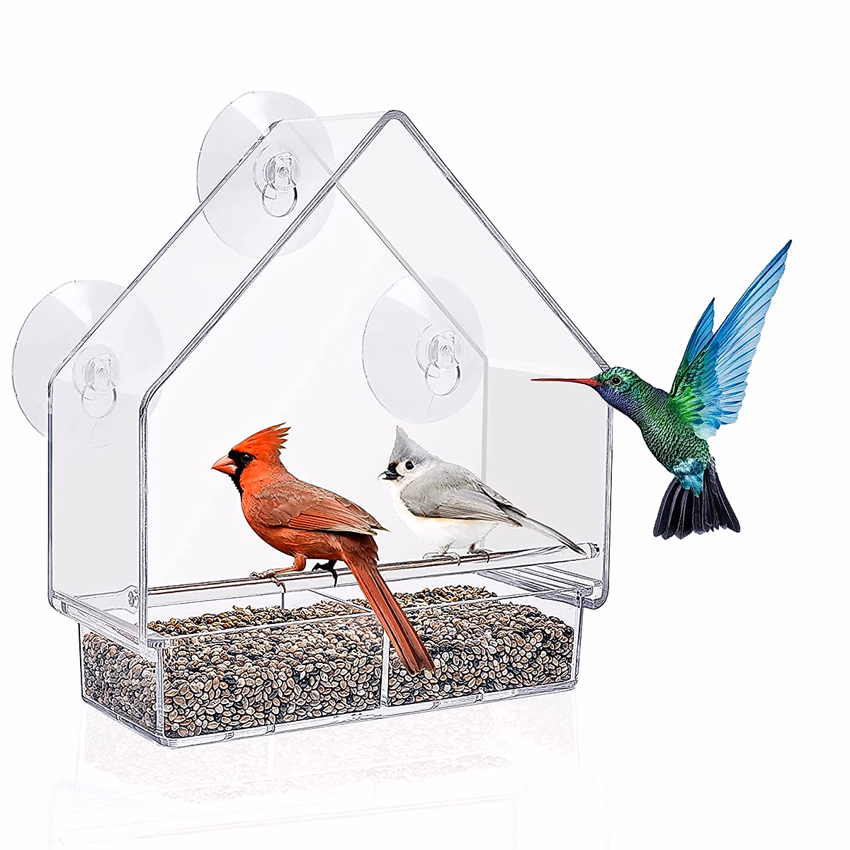 Clear Window Bird Feeder, Squirrel Proof with Strong Suction Cups Removable Sliding Seed Tray, Fits for Wild Birds. Best Gift