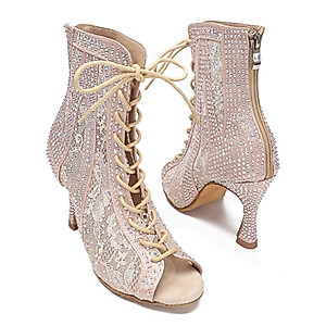denova's Women's Lace-up High Heel Comfort Ankle Boot Zipper Dancing Shoel for Latin Slasa Ballroom (12,beige outdoor(rubber outsole W-18092),12)