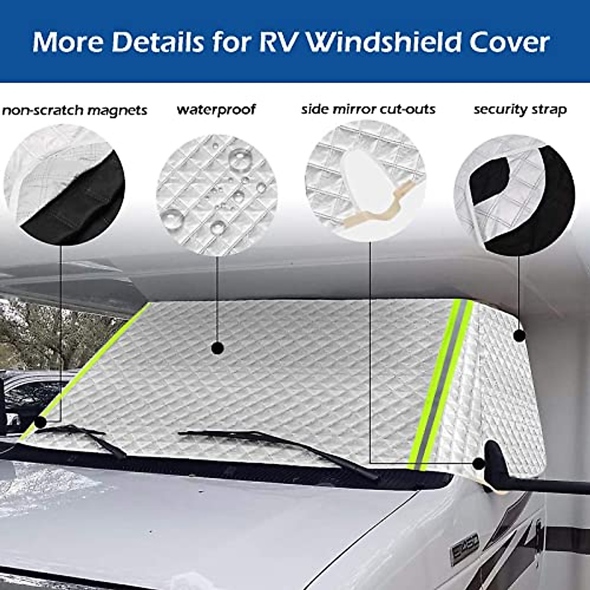 Big Hippo Windshield Cover RV Window Sunshade Cover for Class C Ford E450 1997-2022 Motorhome, UV Block Offer Complete Privacy with Reflective Strips RV Accessories 4 Layers with Mirror Cutouts Silver