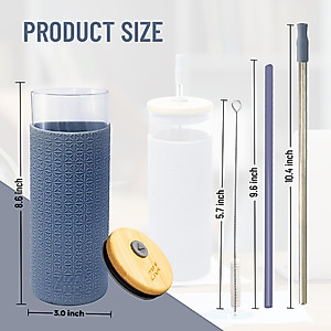 ZKA Global 24 Oz Reusable Boba Cup with Bambo Lid, 2 Straw With Silicon Tip and Cleaning Brush, Glass tumbler with Silicon Protective Sleeve, Glass Smoothie Boba Tumbler Gift Set (Grey)