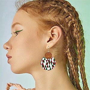 coadipress Colorful Christmas Plaid Round Wooden Dangle Earrings for Women Plaid Snowflake Deer Tree Flower Print Earrings Lightweight Wooden Earring Christmas Jewelry (Christmas Tree)