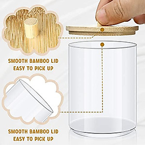 XEFINAL 4 Pack Acrylic Qtip Holder Dispenser with Bamboo Lid, Cotton Ball Pad Round Swab Holder for Cotton Pads Cotton Balls Hair Ties Rustic Bathroom Decor Accessories Storage Organization