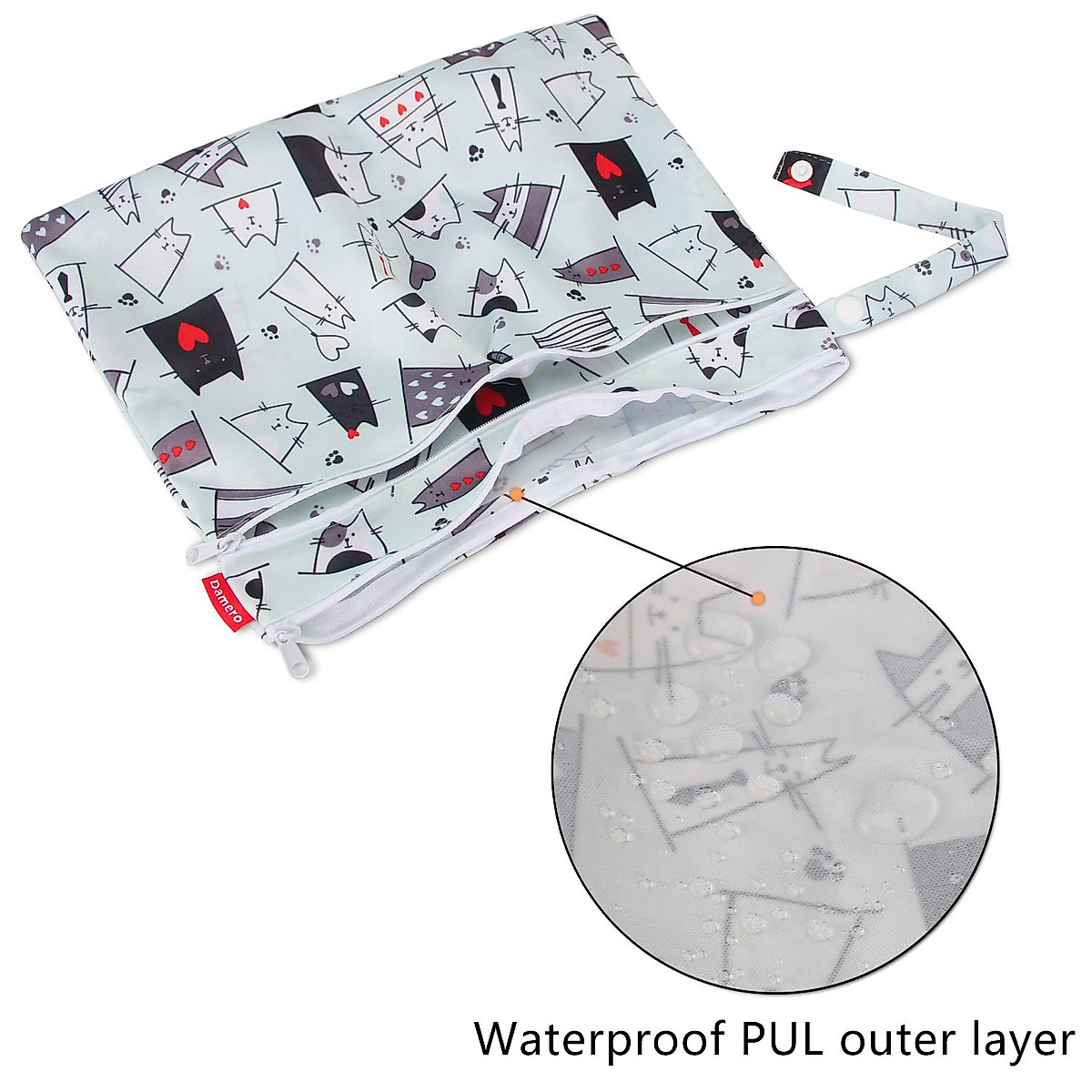 Damero Cloth Diaper Wet Dry Bag with Handle for Swimsuit, Pumping Parts, Wet Clothes and More, Ideal for Travel, Exercise, Daycare, Swimming, Reusable and Water-Resistant (Small,Cats)