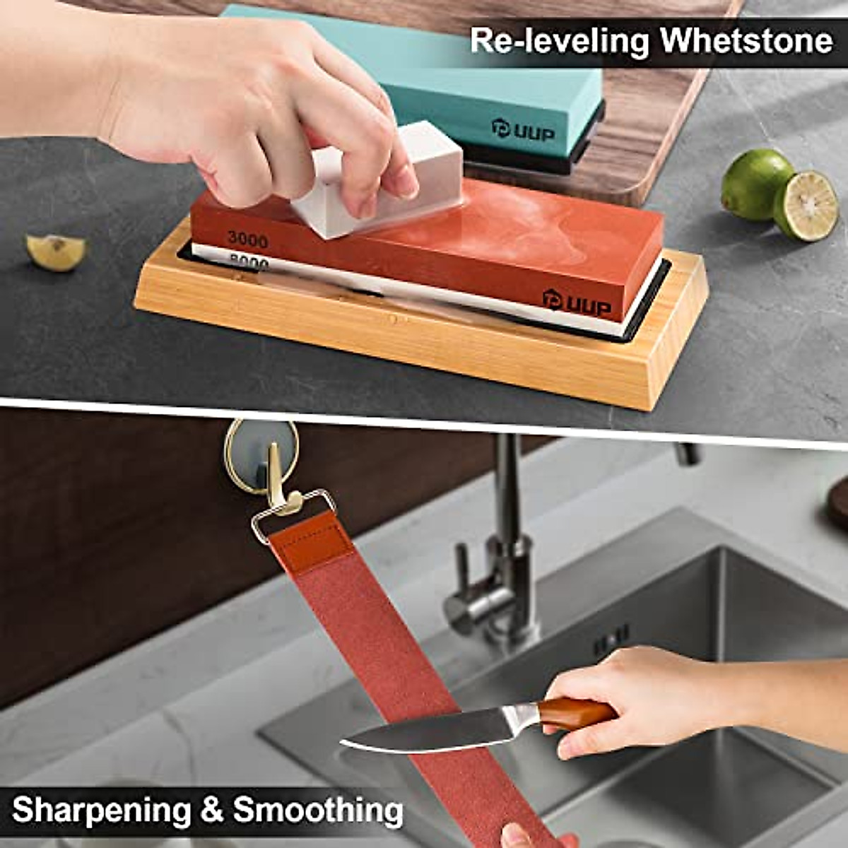 7PCS Knife Sharpening Stones, UUP Whetstone Sharpener Kit with Premium 4 Sides 400/1000 3000/8000 Grit Wet Stone Set, Leather Strop, Angle Guide, Flattening Stone for Kitchen Pocket Knives, Blade