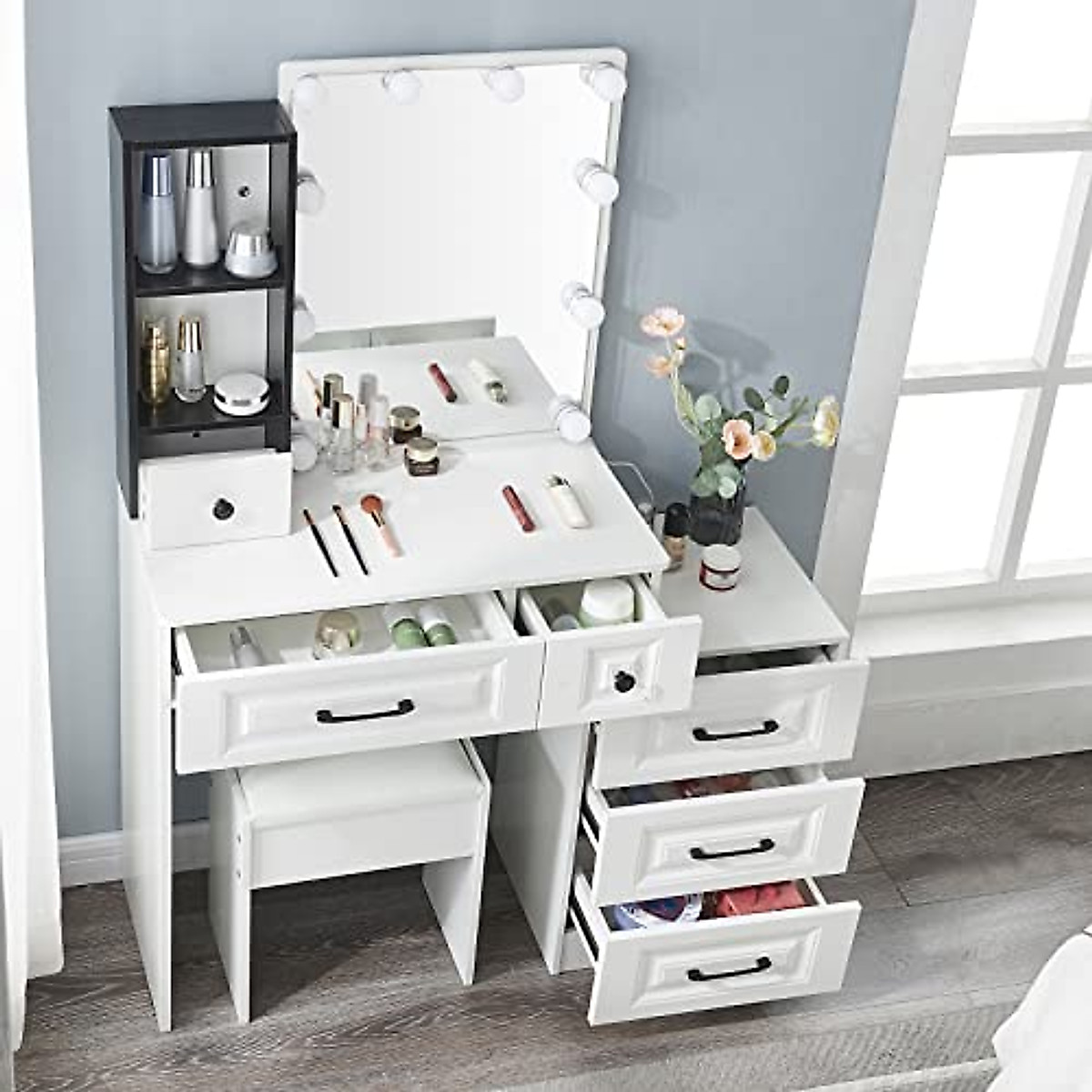 Abesthink Makeup Vanitv Table with Drawers,White Vanity with Mirror and Light Set,Vanity Desk with Drawers and Lights,Modern Vanity Table Desk with Shelves and Stool for Bedroom