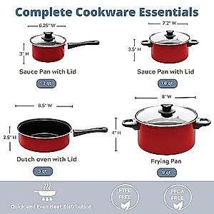 Imperial Home 7 Pc Carbon Steel Nonstick Cookware Set, Pots & Pans Set, Dishwasher Safe Cookware Set, Cooking Set, Kitchen Essentials (Red)