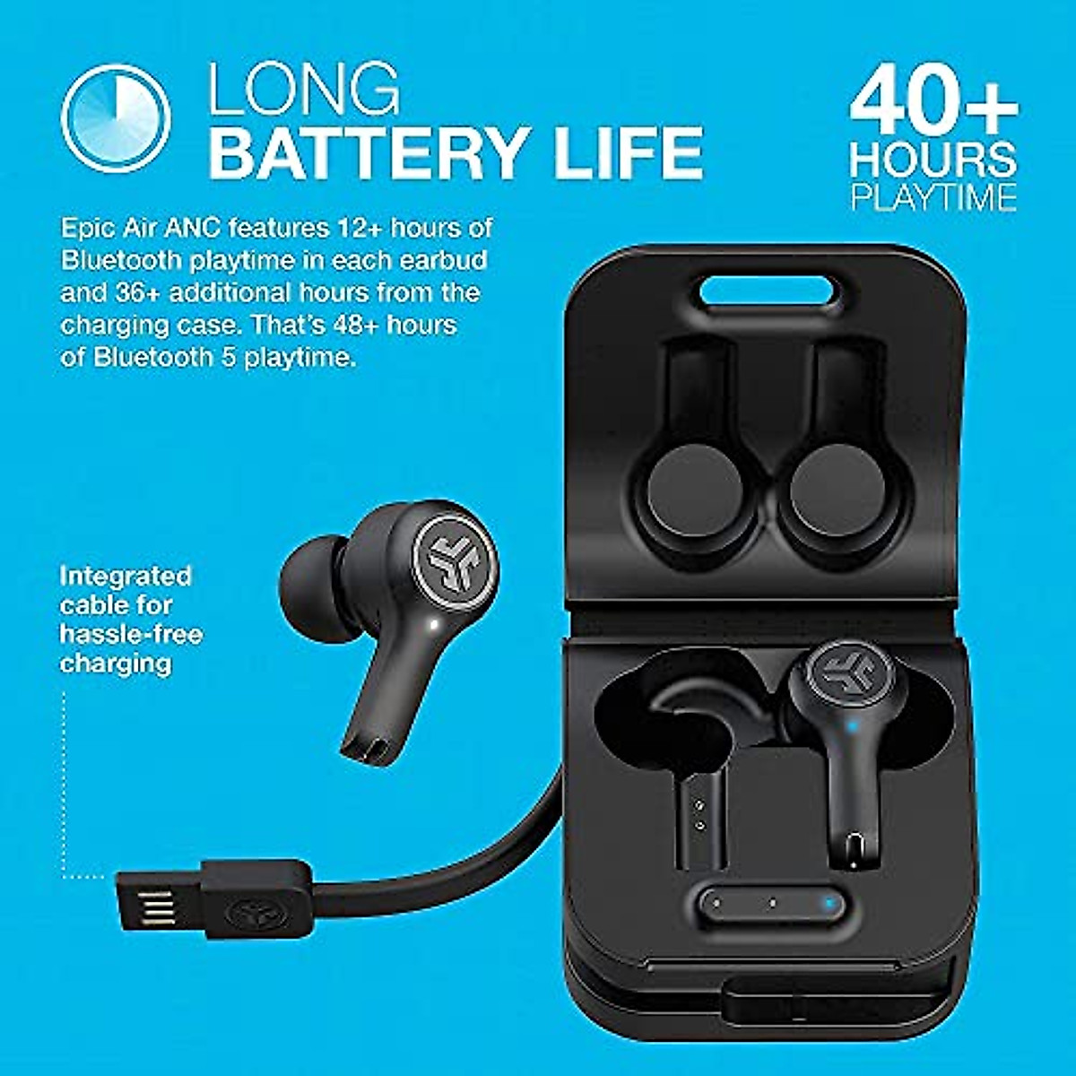 JLab Epic Air ANC True Wireless Bluetooth 5 Earbuds | Active Noise Canceling | IP55 Sweatproof | 12-Hour Battery Life, 36-Hour Charging Case | + Cloud Foam Mnemonic Earbud Tips