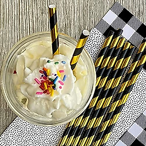 Black and Gold Foil Paper Drinking Straws - Stripe and Solid - 7.75 Inches - 100 Pack - Outside the Box Papers Brand