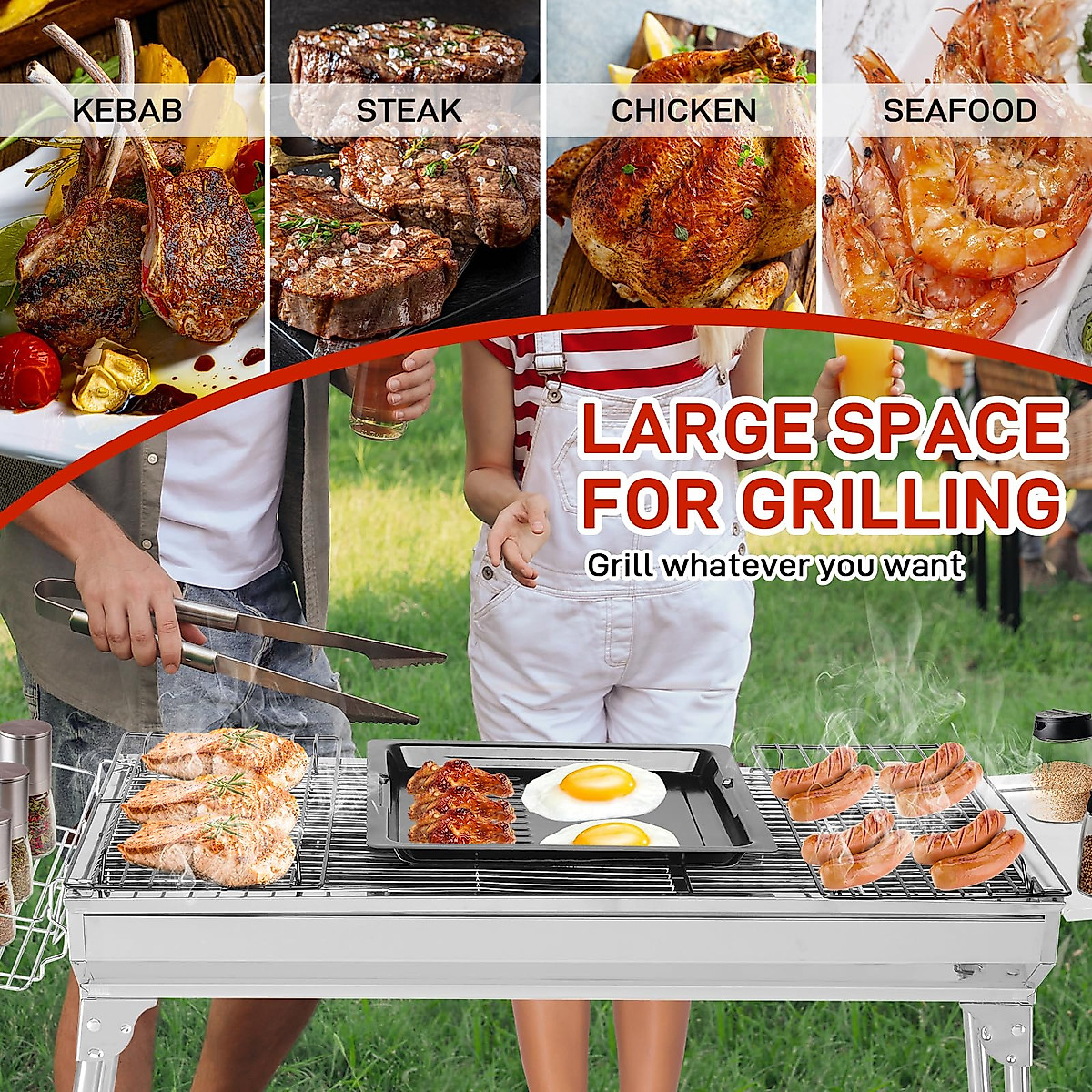 Outvita Portable Charcoal Grill, 39 x 12x 28" Foldable Barbecue Grill, Stainless Steel BBQ Grill for Outdoor Cooking Camping Hiking Picnic Garden Beach Party(Large)