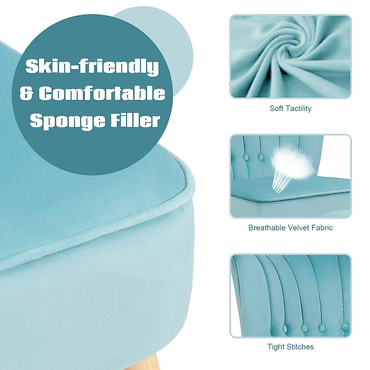 Giantex Modern Accent Chair Ottoman Set, Armless Slipper Sofa Chair with Footstool, Velvet Upholstered, Button Tufted, Single Chair and Ottoman for Living Room/Bedroom/Home Office (Turquoise)