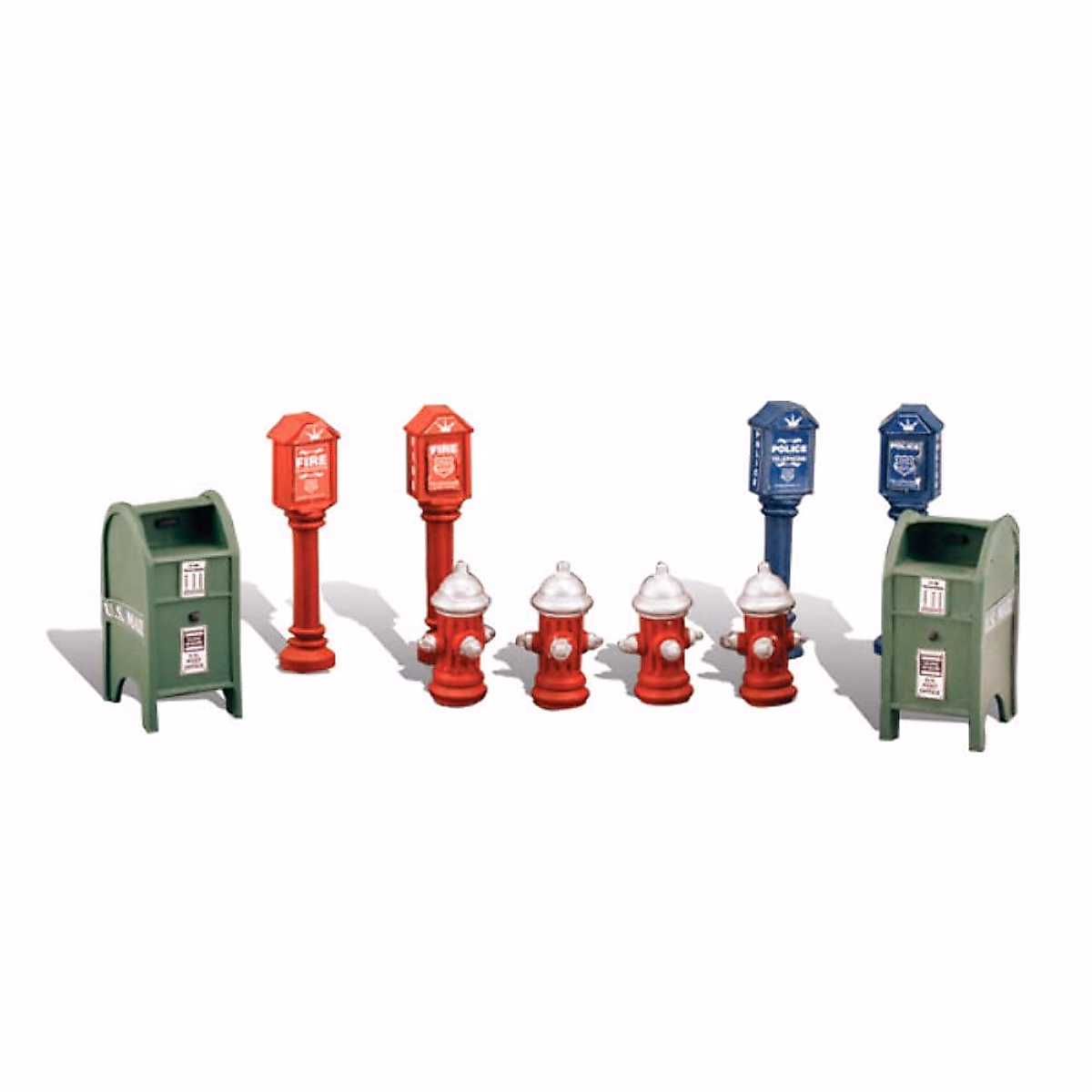 Scenic Accents Street Items (Mailboxes Fire Hydrants & Fire/Police Call Boxes) HO Woodland Scenics