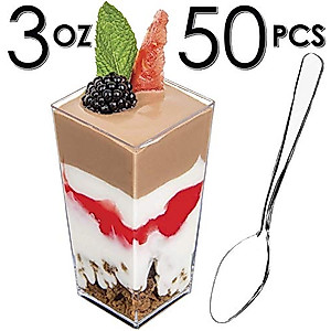 DLux 50 x 3 oz Mini Dessert Cups with Spoons, Square Tall - Clear Plastic Parfait Appetizer Cup - Small Reusable Serving Bowl for Party Desserts Appetizers - With Recipe Ebook