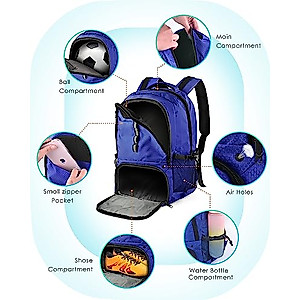 BROTOU Premium Soccer Bag, Basketball Backpack with Separate Cleat and Ball Compartment, Backpack for Rugby & Football & Volleyball & Handball (Blue)