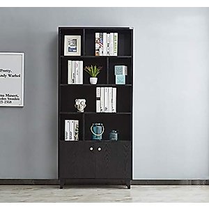 Mixcept Modern Bookcase with 2 Doors 68" Tall Storage Wooden Bookshelf with 7 Compartments for Home Office, Black