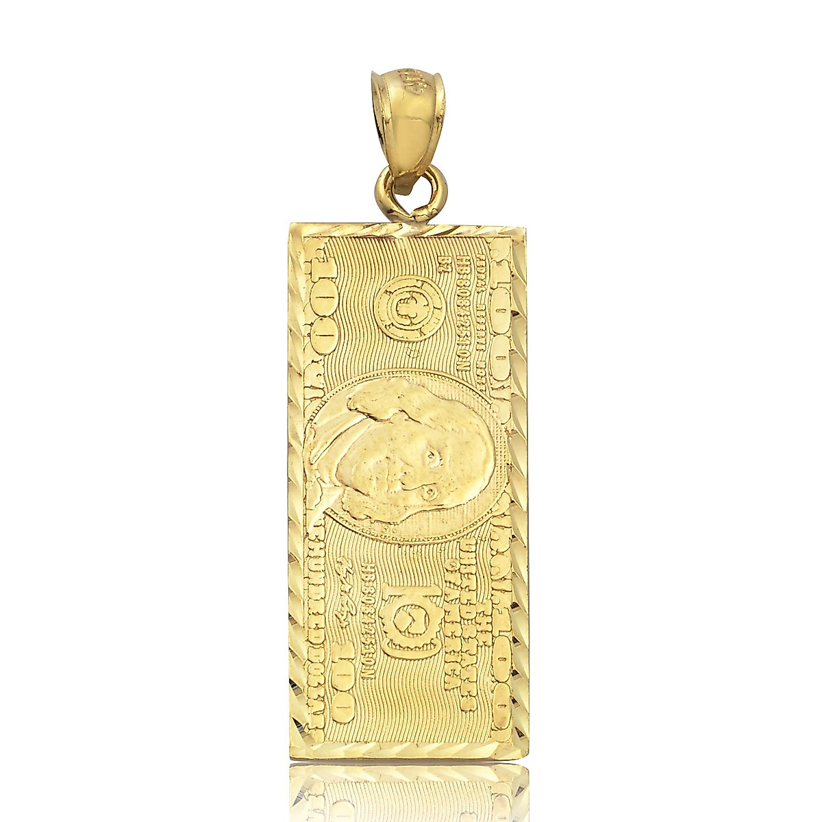 LoveBling 10K Yellow Gold Hundred Dollar Bill, Benjamin Franklin, Back to Back Charm Pendant (1.45" x 0.47")