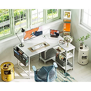 ODK Small L Shaped Computer Desk, 40 Inch Corner Desk with Reversible Storage Shelves & PC Stand for Home Office Workstation, Modern Simple Writing Study Table with Storage Bag for Small Space, White