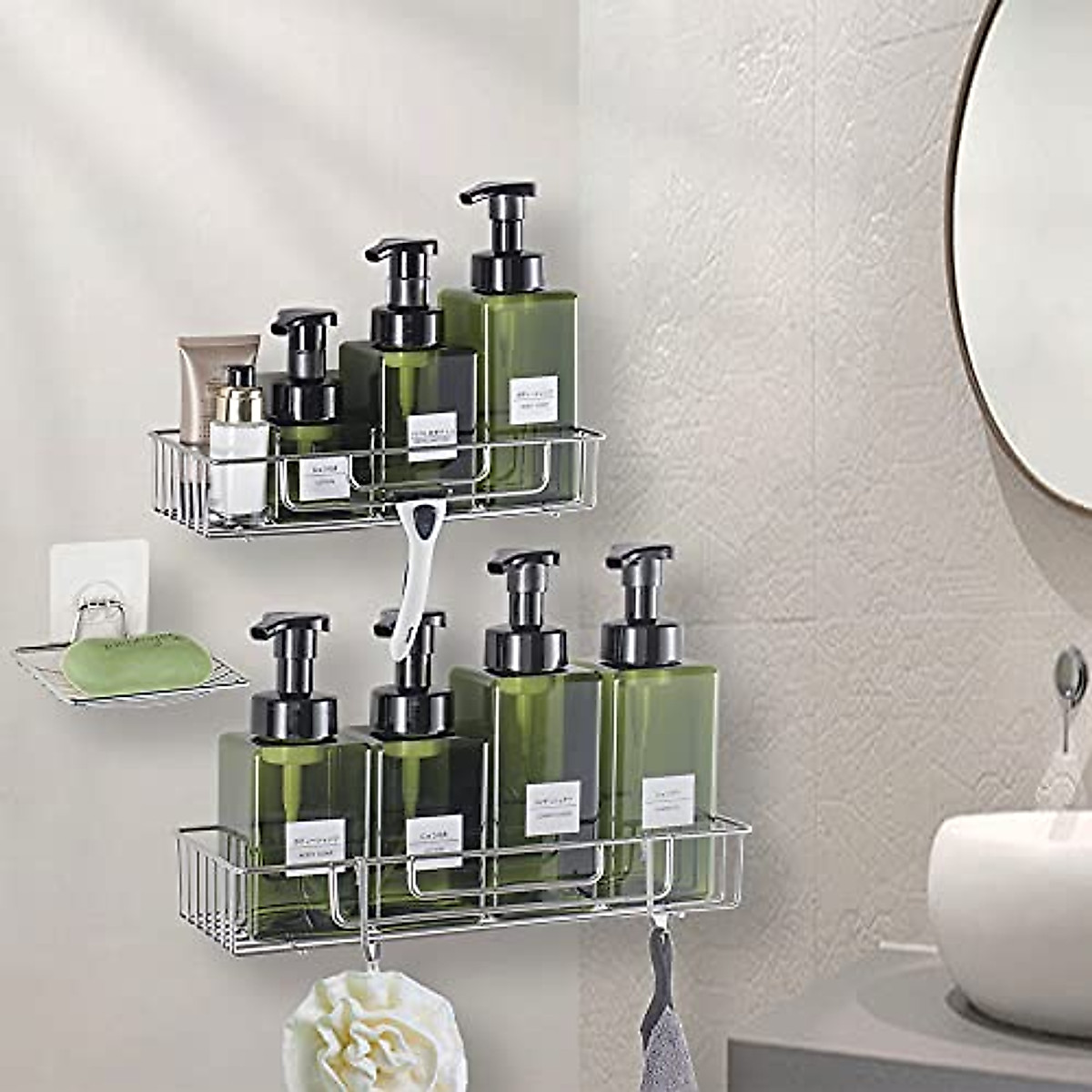 YSJHHJLL Shower Caddy Basket with Soap Dish and Hooks, No Drilling Traceless Adhesive Bathroom Shower Storage Organizer, No Rust, Never Collapse, for Bathroom Shower Shelves (Silver 3 pack)