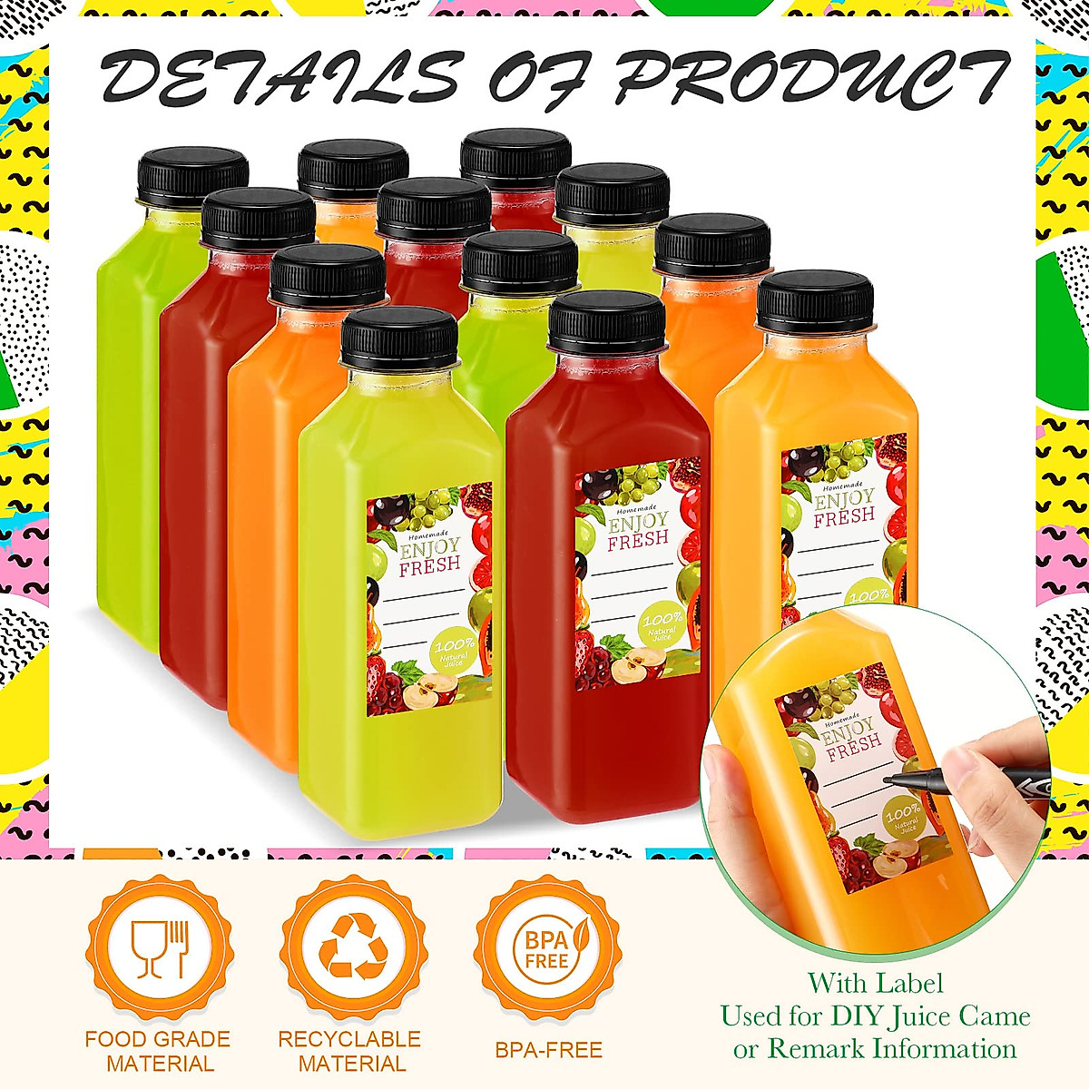 Skylety 200 Pcs Plastic Juice Bottles with Lids, Empty Clear Juice Bottles with Caps and Label, Juice Storage for Fridge with 2 Pcs Funnel and 2 Pcs Brush Beverage Containers for Juicing Milk (16 oz)