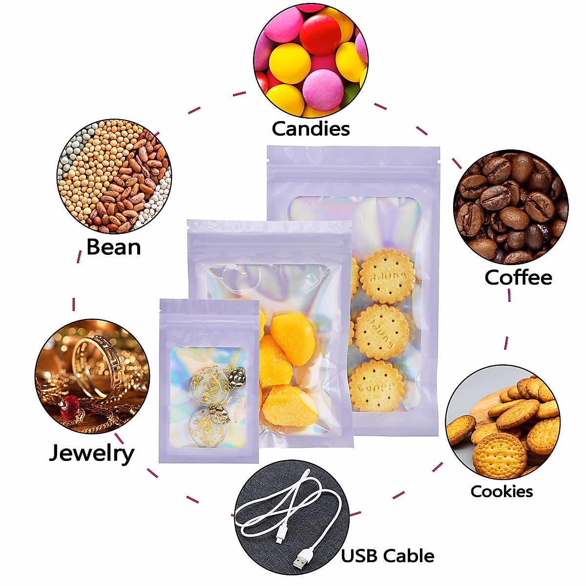 YOTOZU 100-Pack Holographic Resealable Bag Food Storage Aluminium Foil Mylar Smell Bag Plastic Flat Packaging Pouch for Party Favor Food Candy Jewelry Lip Gloss Optional Multi Color(Purple,4.7x7.8)