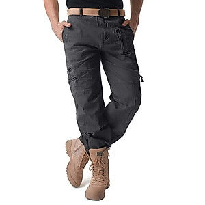 CRYSULLY Men's Casual Trousers Cotton Wild Cargo Pant Combat Wear Work Pants with Zipper Assault Pants Grey