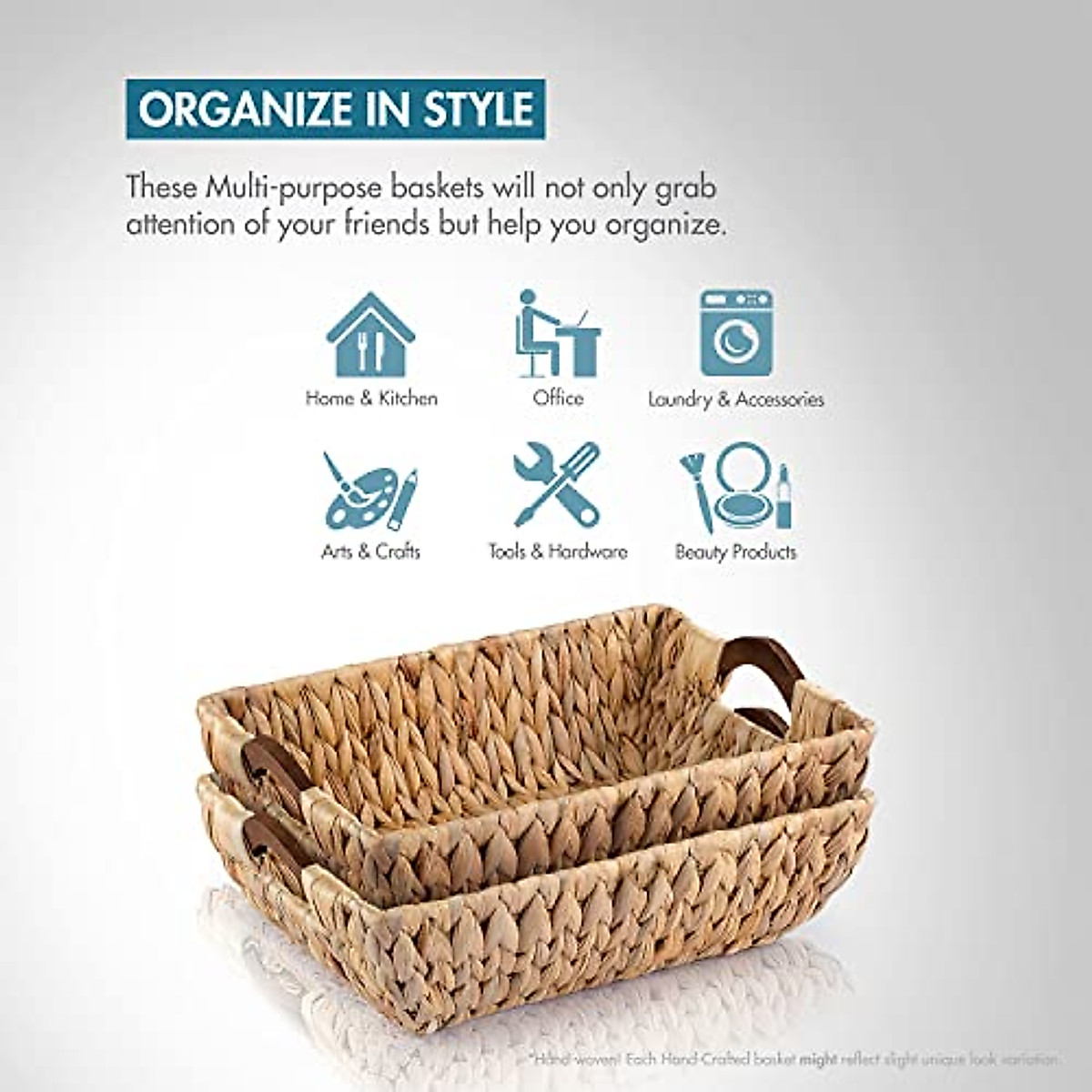 ADO Basics Large Water Hyacinth Hand Woven Basket with Stain Resistant Polished Wooden Handles, Storage Wicker Baskets 15" Length, 10.6" Width, 5.3" Height, Set of 2
