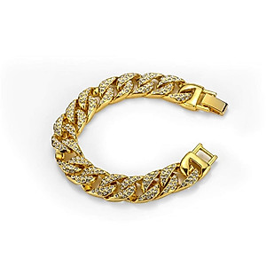 Aiyo Nice Mens Womens Cuban Link Bracelet Hip Hop Bracelet Gold Chain Bracelet Iced Out Curb Cuban 18k Gold Plated Bracelet With Clear Rhinestones (A-Gold-7.79in)