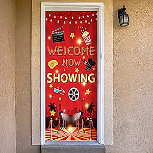 Movie Night Party Door Cover Sign Movie Theme Party Decorations Theater Movie Night Supplies Welcome Now Showing Movie Night Party Backdrop for Wedding Theater Birthday Accessory, 71 x 35.4 Inches