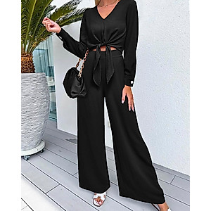 PRETTYGARDEN Women's 2 Piece Outfits 2025 Spring Casual V Neck Long Sleeve Strappy Crop Top Wide Leg Palazzo Pant Sets(Solid Black,X-Large)