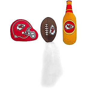BEST PLUSH CAT TOY: NFL KANSAS CITY CHIEFS Complete Set of 3 piece Cat Toys filled with Fresh Catnip. Includes: 1 Helmet Cat Toy, 1 Football Cat Toy with Feathers & 1 Beer Bottle. Beautiful Team LOGOS