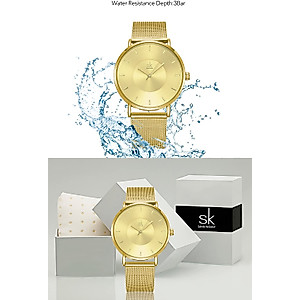 SHENGKE Simple Watches Analog Mesh Watches for Women Stainless Steel Band reloj de Mujer (K0059-GD)