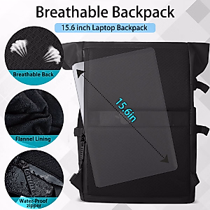 Roll Top Laptop Backpack for Men Women, Expandable Casual Daypack for 15.6 Inch Macbook Water-Resistant Commuter Laptop Rucksack Large Capacity Adjustable 18-27L for Work Business College-Black