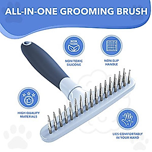 Dog rake deshedding dematting Brush Comb - Undercoat rake for Dogs, Cats, matted, Short,Long Hair Coats - Brush for Shedding, Double Row Stainless Steel pins - Reduce Shedding by 90% (Haze Blue)