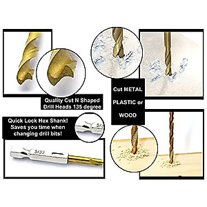 VETCO Titanium Nitride Drill Bit Set - 13 Pieces Hex Shank Quick Change Speed Lock Wood Plastic Aluminum