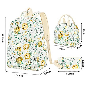 LEDAOU Backpack for Teen Girls School Bags Kids Bookbags Set School Backpack with Lunch Box and Pencil Case (Yellow White Flowers)