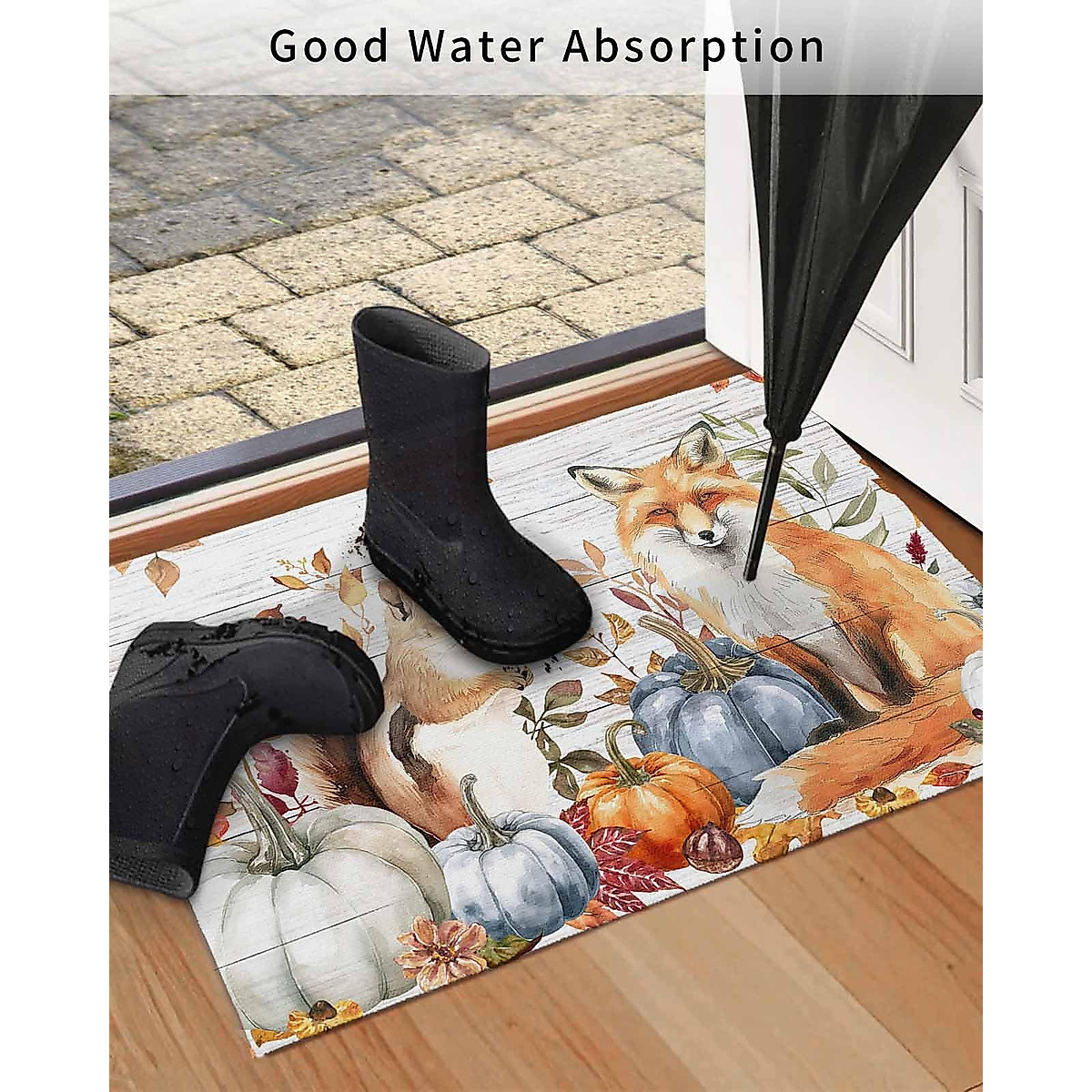 Fall Front Door Mat Outside Entrance, Thanksgiving Day Outdoor Indoor Low Profile Door Mats for Entryway, Funny Autumn Maple Leaves Pumpkin Squirrel Fox Welcome Mat Entry Doormats