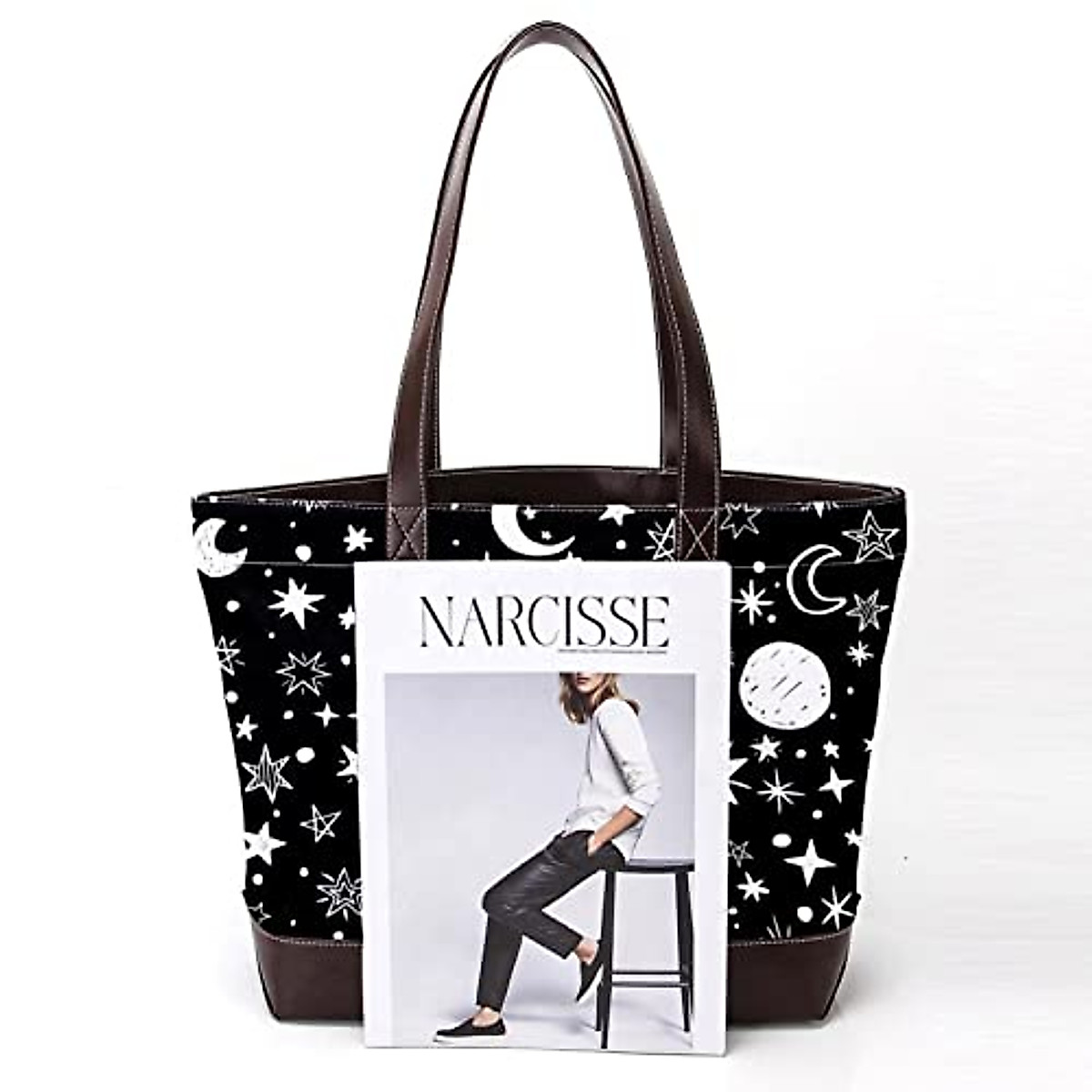 Black and White Stars Moon Tote Bags Large Leather canvas Purses and Handbags for Women Top Handle Shoulder Satchel Hobo Bags