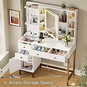 Makeup Vanity with Lights, Vanity Desk with Openable Mirror & 3-Color Dimmable, White Vanity Table with Charging Station, Makeup Desk with Visual Drawer, Hooks, Hidden and Open Storage Shelves