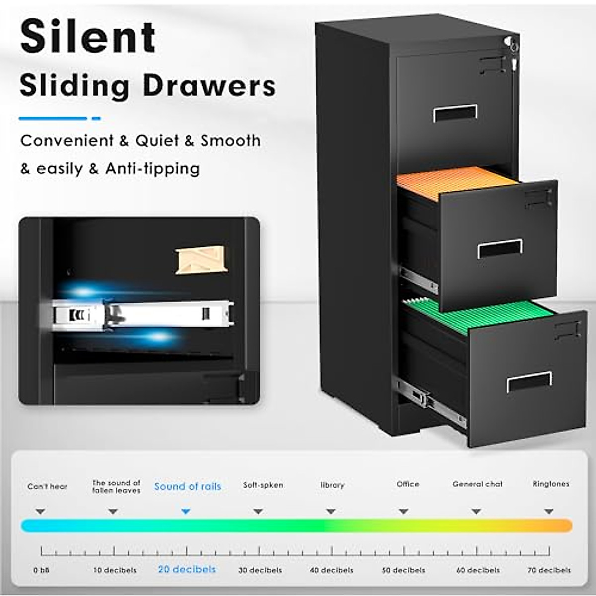 Greenvelly 18" D File Cabinet, 3 Drawer Vertical File Cabinet with Lock, Locking Filing Cabinet for Home Office, Black Metal File Cabinet for Hanging Letter/Legal Folders, Easy Assemble