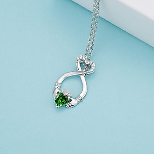 S925 Irish Claddagh Eternity Love Pendant Necklace Good Luck Jewelry Gift for Women Ladies Birthday (Green)