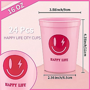 24 Pcs Preppy Party Plastic Cups 16oz pink Smile Face Drinking bar Cups bulk Reusable Plastic shatterproof Stadium Cups Personalized beer Mugs for Preppy Birthday friends parties Bachelorette Party