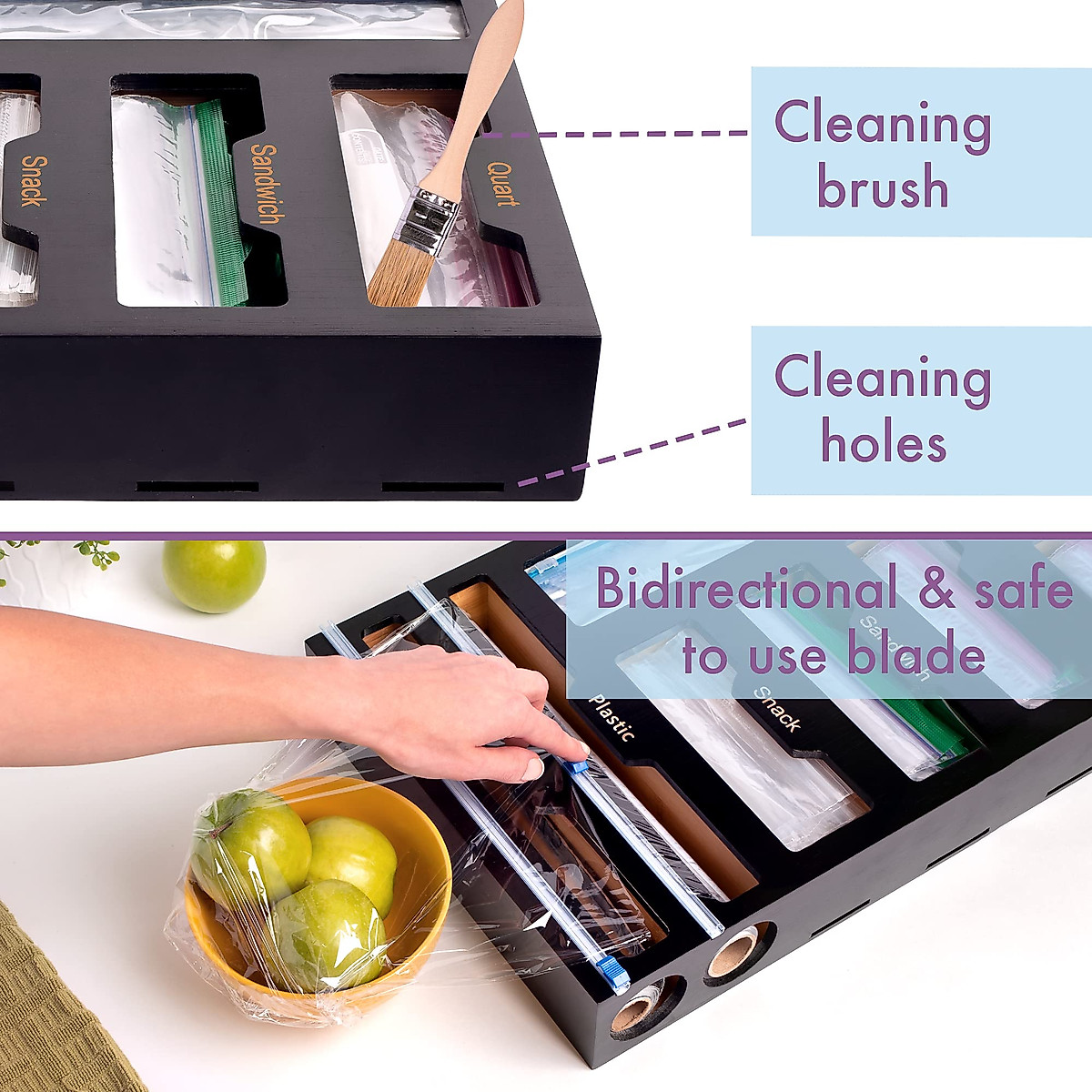 Easy to Clean Foil & Plastic Wrap Dispenser, Ziplock Bag Storage Organizer (Modern Edition) | Suitable for Kitchen Drawer, Sandwich, Gallon, Quart, etc. (Black)