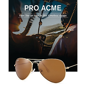Pro Acme Classic Aviator Sunglasses for Men Women 100% Real Glass Lens (Gold/Brown)