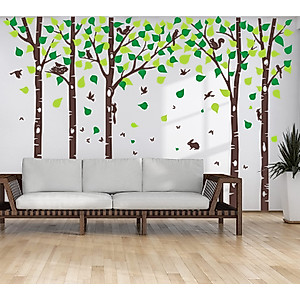 5 Large Birch Tree Wall Decals Jungle Tree Wall Stickers Forest Animal Wall Stickers Squirrel Rabbit Stickers for Kids Room Nursery Bedroom Living Room Classroom Wall Decoration (100", Brown,Green)