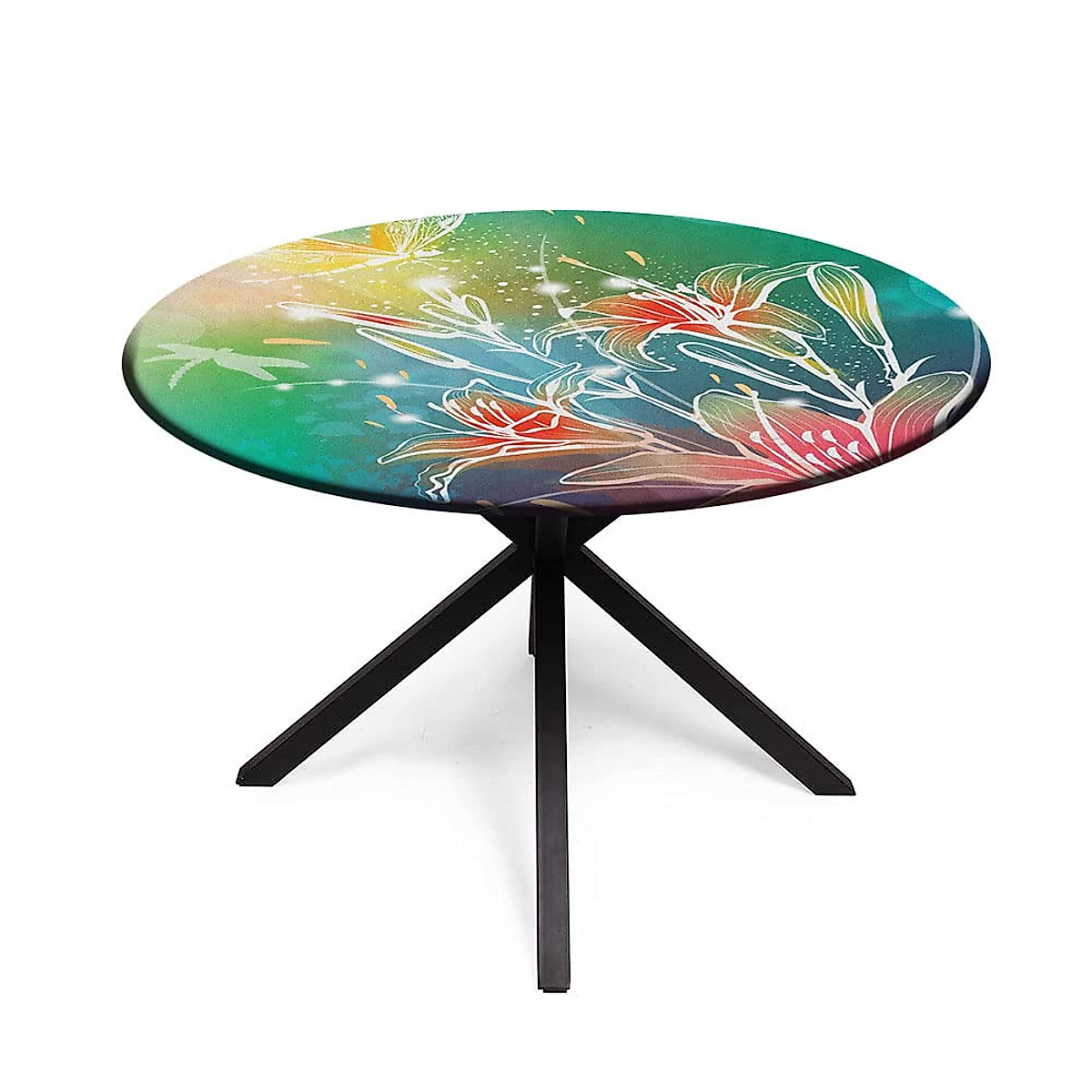 JUNTAIY Round Tablecloth, Dragonfly Tablecloth for Side Table, Spring Theme Sketchy Digital Leaves Lilacs with, Fit Round Tables 61inch Diameter, for Dining Room/Party/Banquet Decoration